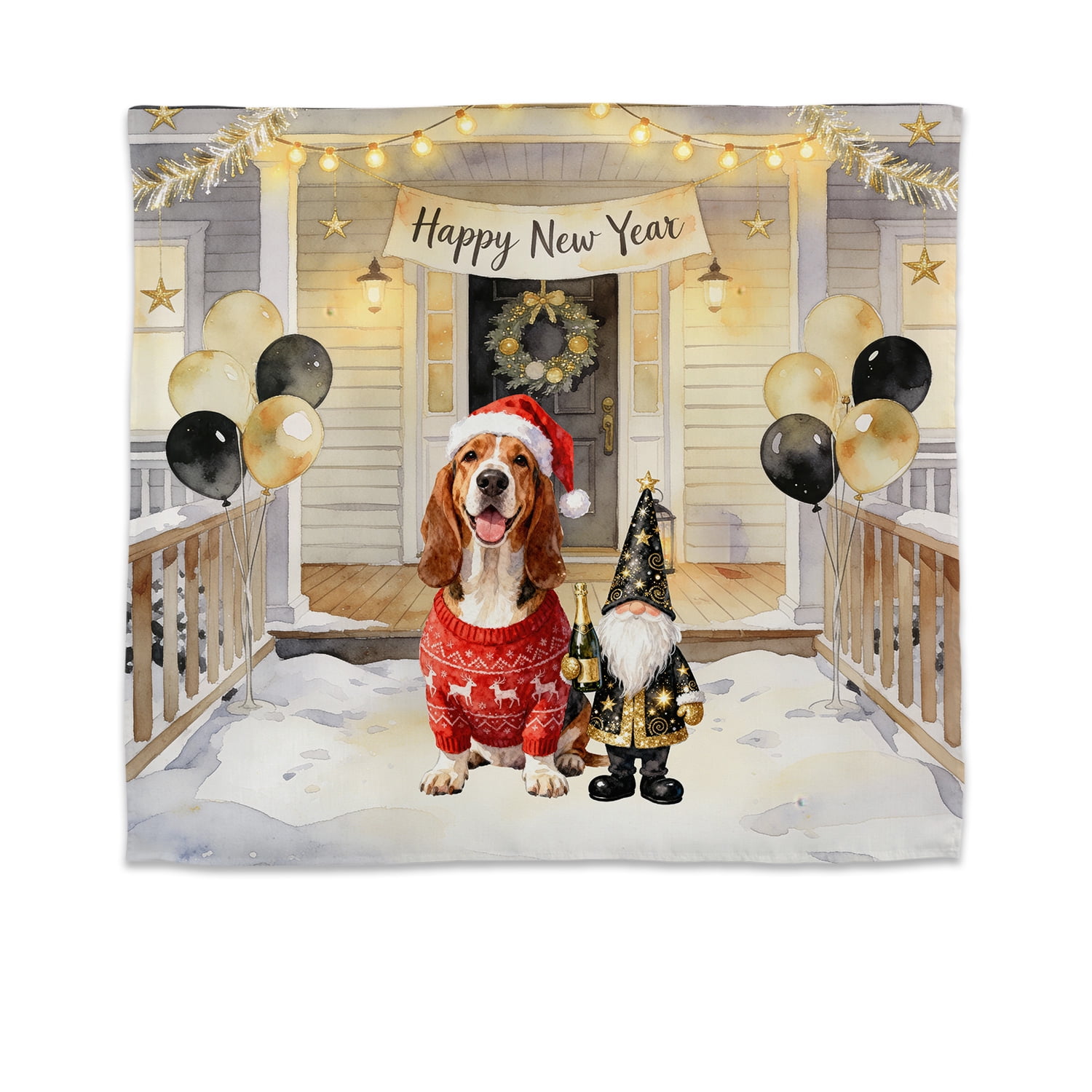 Happy New Year 2026 Basset Hound Santa Gnome Holiday Party Snow ...