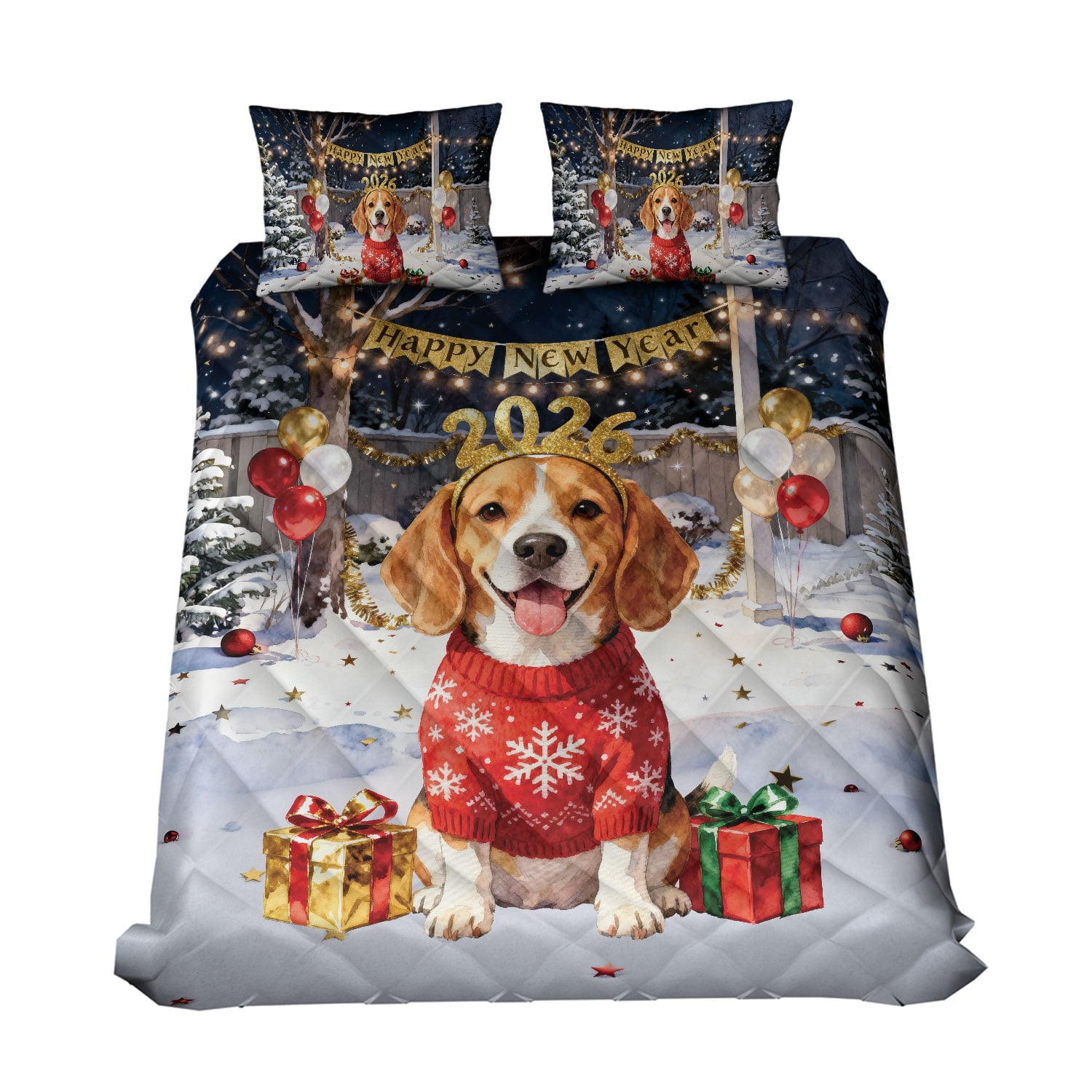 Happy New Year 2026 Beagle Holiday Balloons Party Snow Quilt Bedding ...