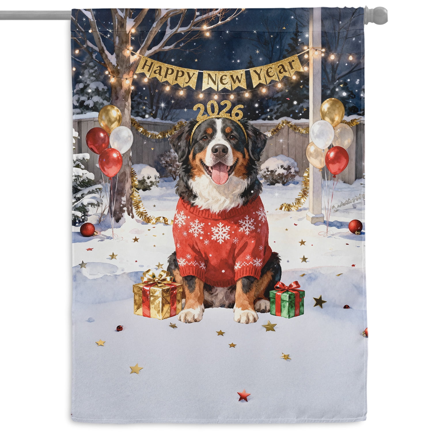 Happy New Year 2026 Bernese Mountain Dog Holiday Balloons Party Snow ...