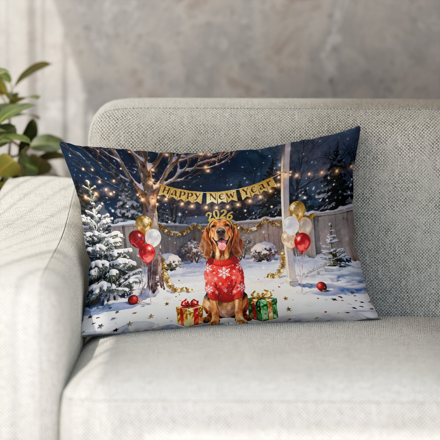 Happy New Year 2026 Bloodhound Holiday Balloons Party Snow Pillowcase ...