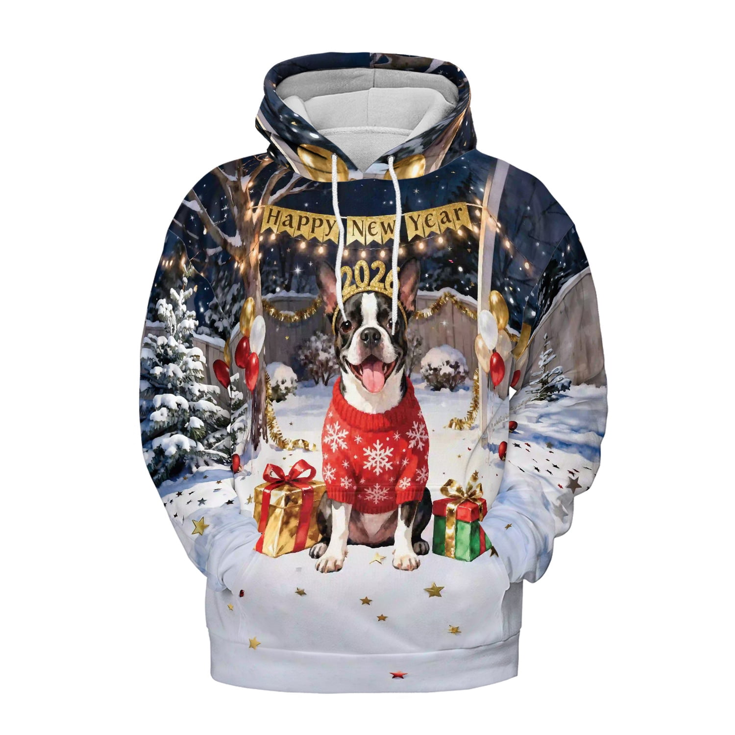 Happy New Year 2026 Boston Terrier Holiday Balloons Party Snow All Over Print 3D Hoodie Unisex ...