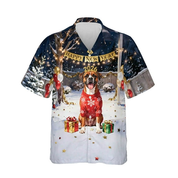 Happy New Year 2026 Boxer Holiday Balloons Party Snow Hawaiian Shirt ...