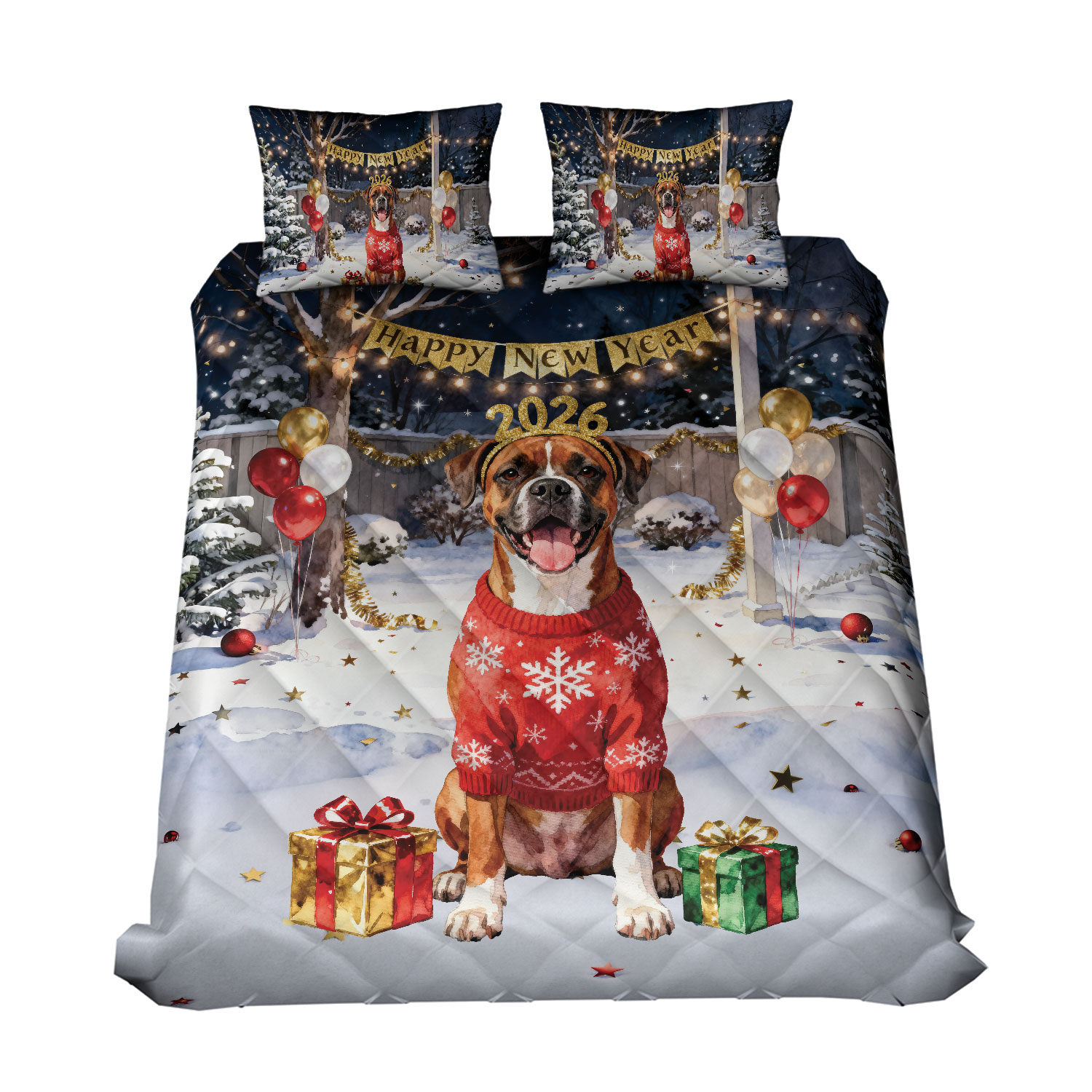 Happy New Year 2026 Boxer Holiday Balloons Party Snow Quilt Bedding Set ...