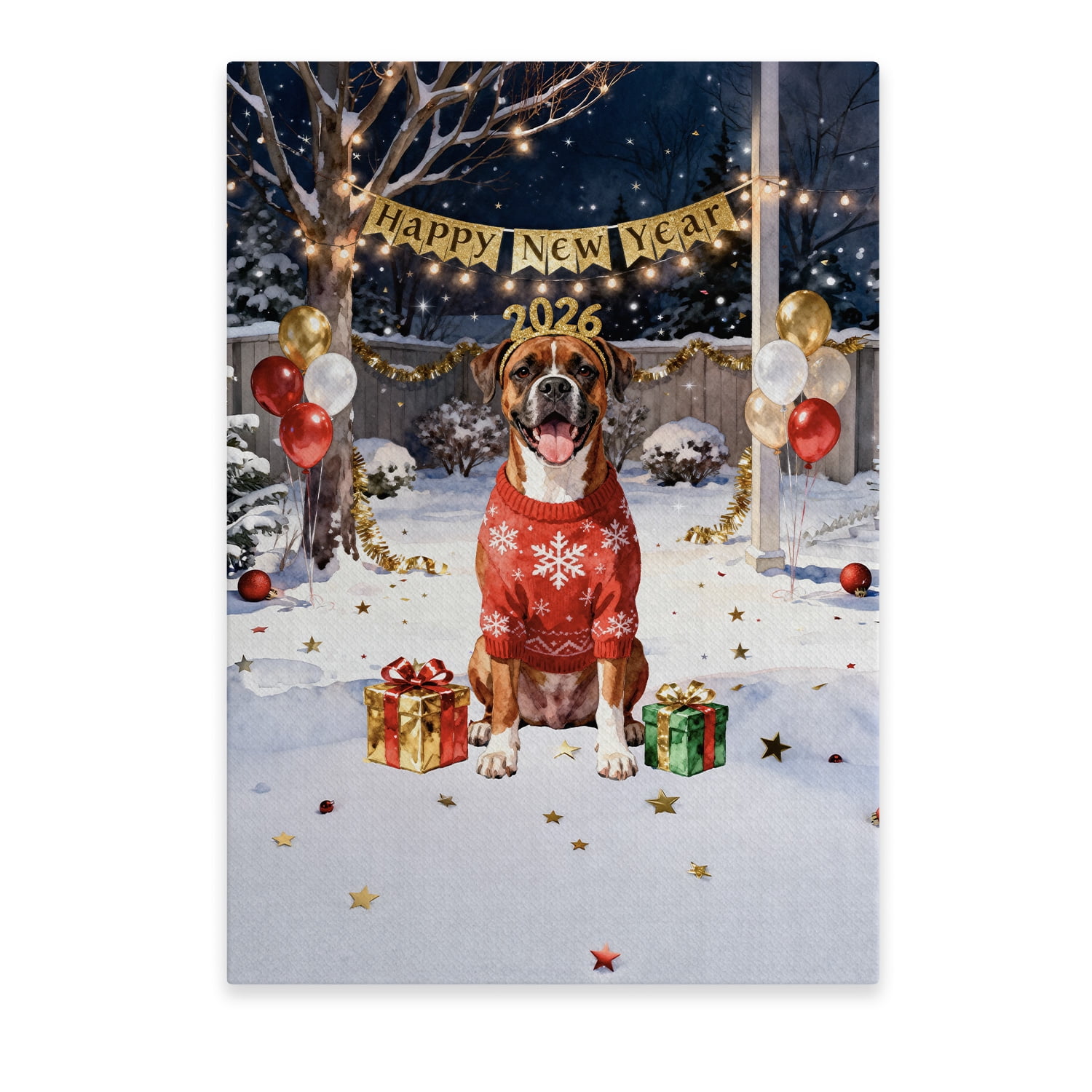 Happy New Year 2026 Boxer Holiday Balloons Party Snow Vertical Matte ...