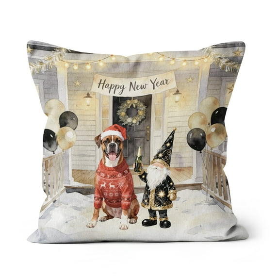 Happy New Year 2026 Boxer Santa Gnome Holiday Party Snow Pillow Cushion ...
