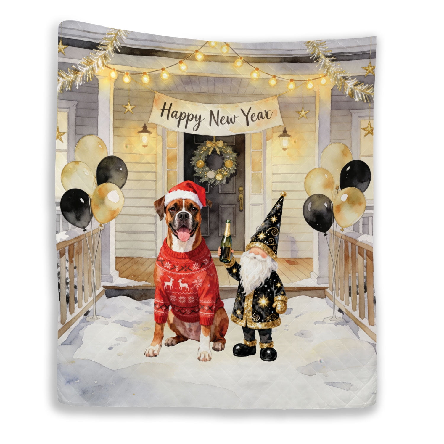 Happy New Year 2026 Boxer Santa Gnome Holiday Party Snow Quilt Blanket ...