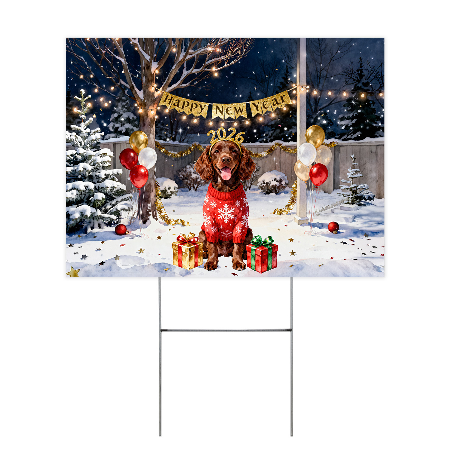 Happy New Year 2026 Boykin Spaniel Holiday Balloons Party Snow Yard ...