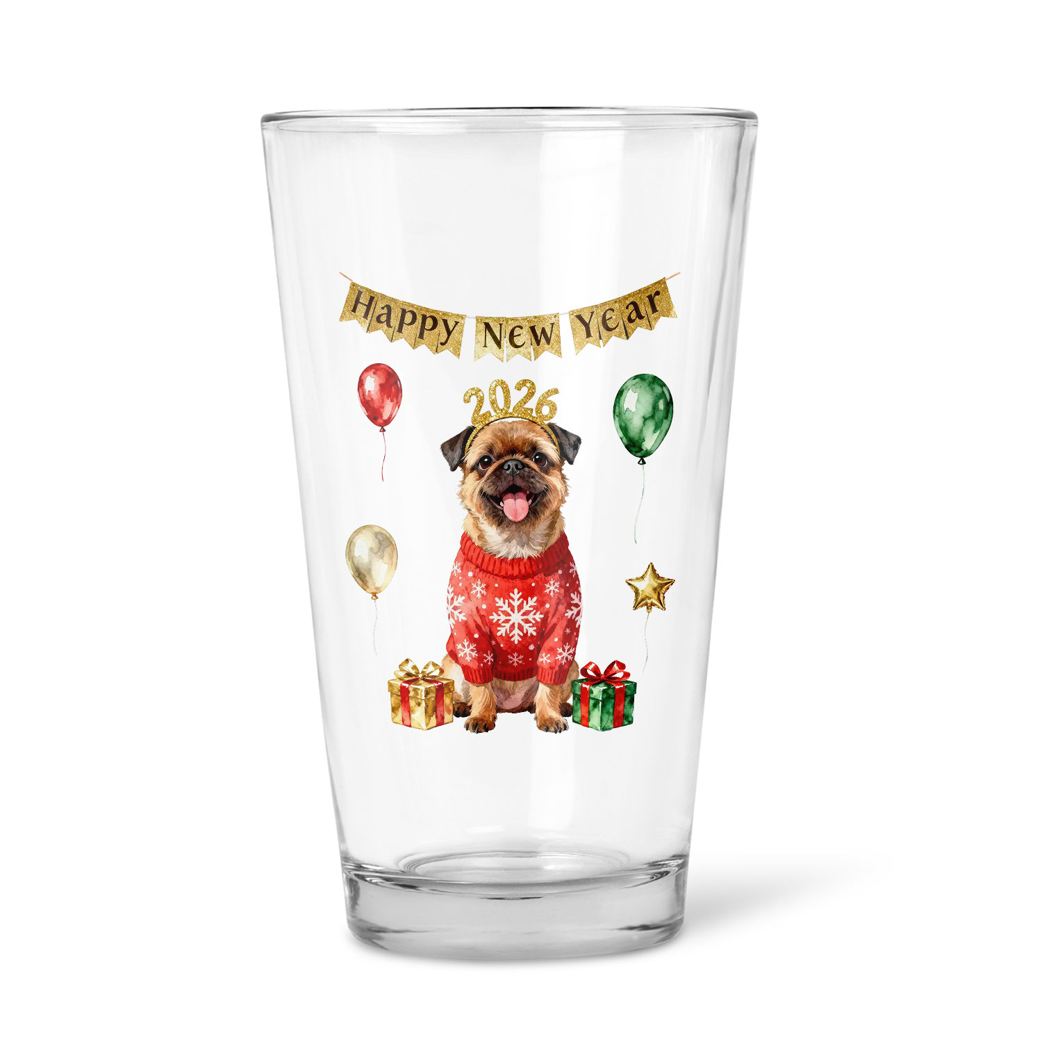 Happy New Year 2026 Brussels Griffon Holiday Balloons Party Snow 16oz ...