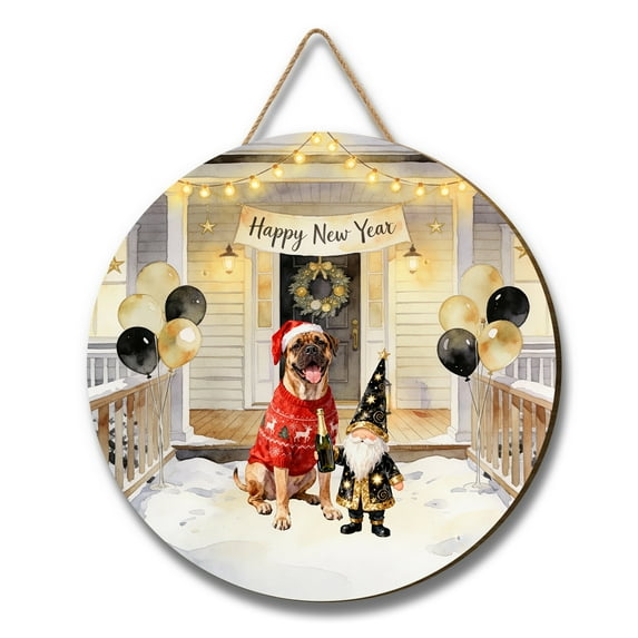 Happy New Year 2026 Bullmastiff Santa Gnome Holiday Party Snow Round ...