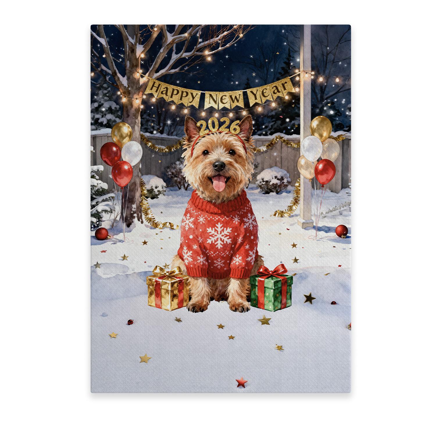 Happy New Year 2026 Cairn Terrier Holiday Balloons Party Snow Vertical ...