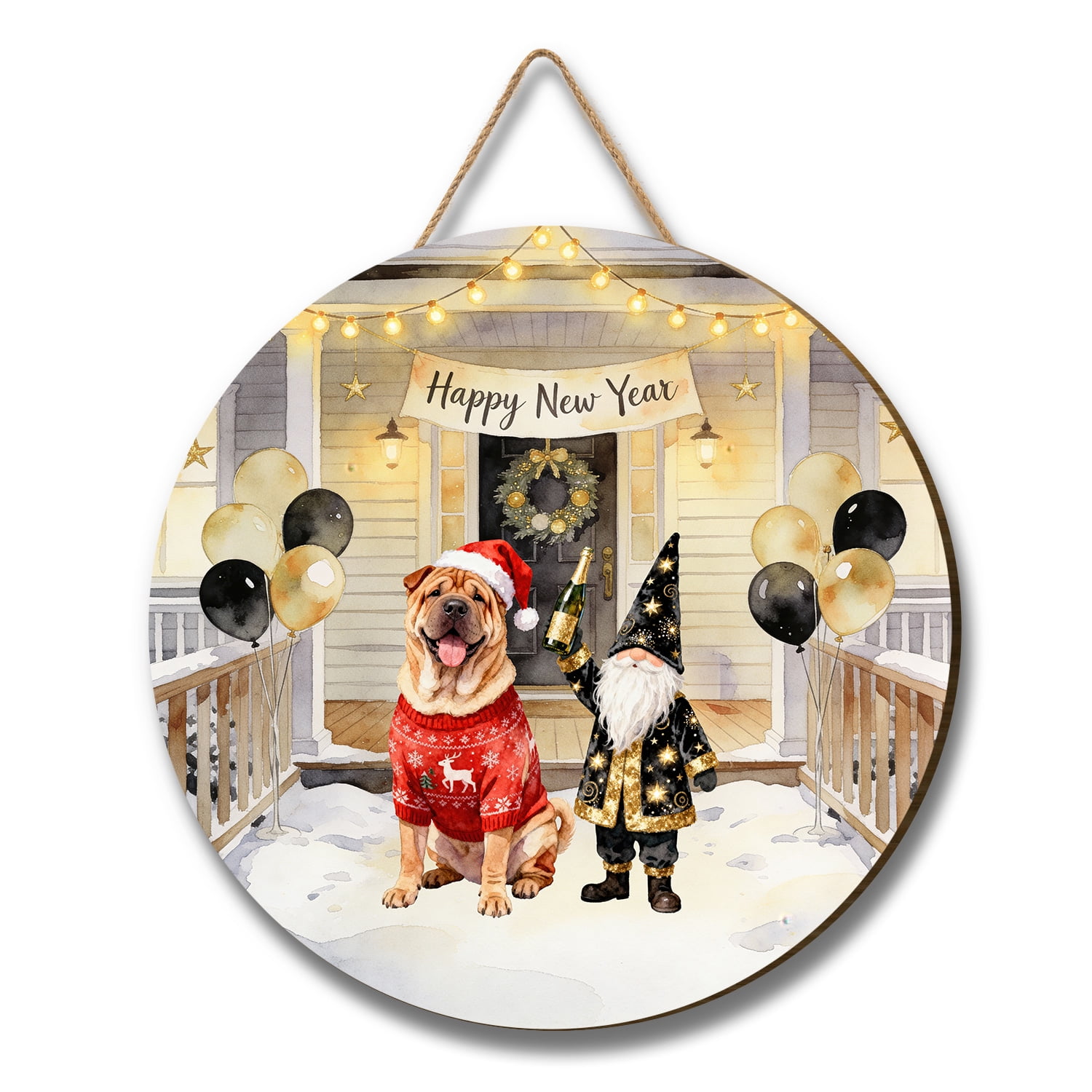 Happy New Year 2026 Chinese Shar-Pei Santa Gnome Holiday Party Snow ...