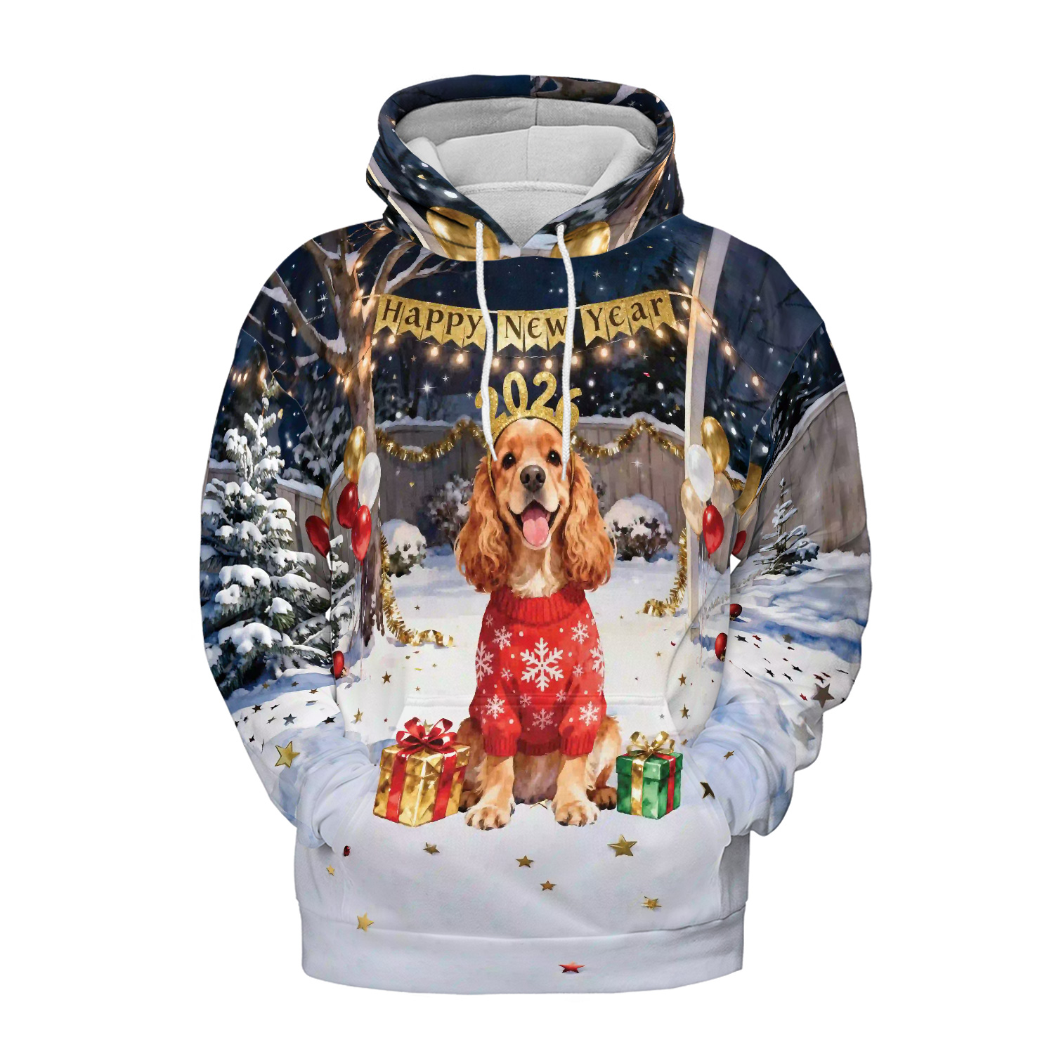 Happy New Year 2026 Cocker Spaniel Holiday Balloons Party Snow All Over ...