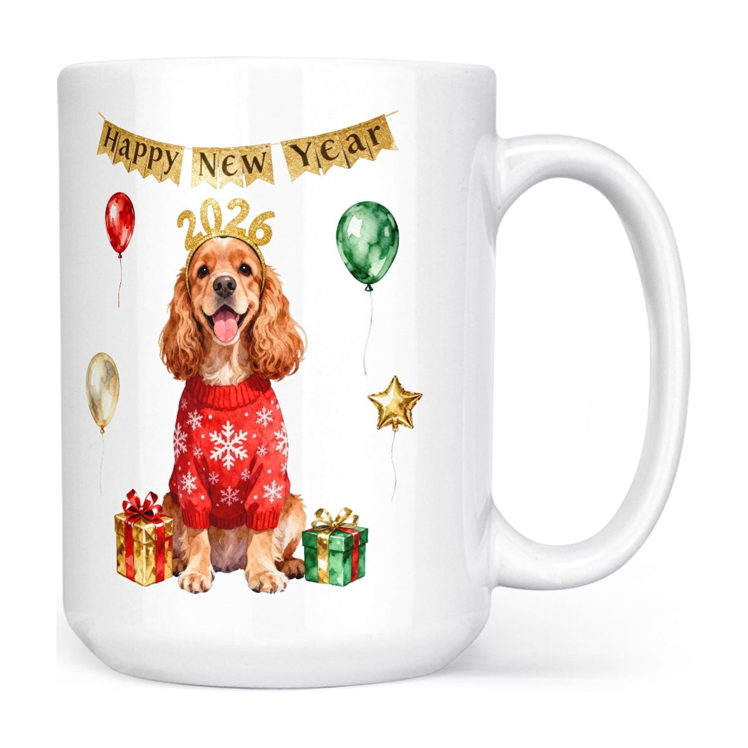 Happy New Year 2026 Cocker Spaniel Holiday Balloons Party Snow Mug ...