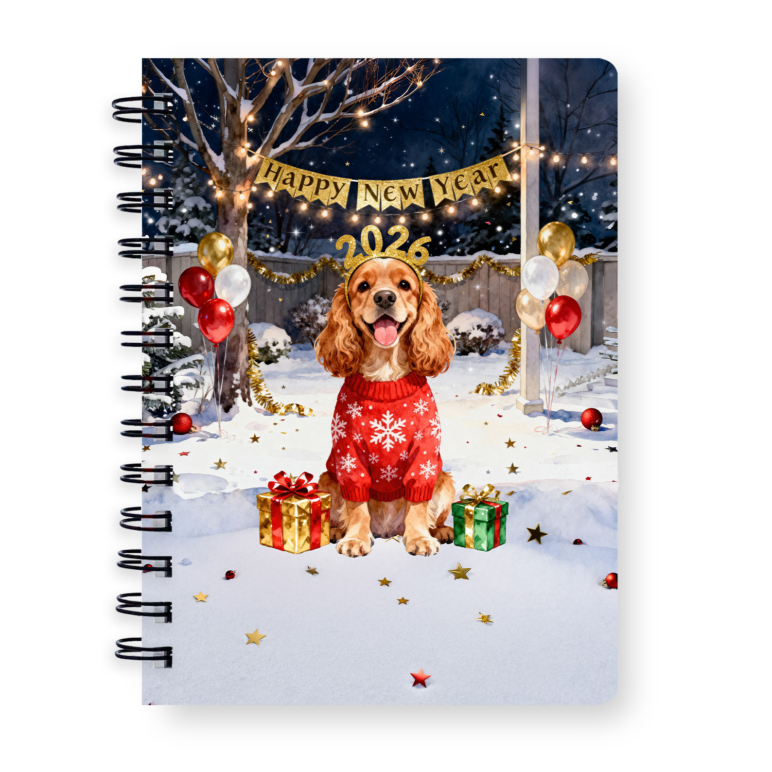 Happy New Year 2026 Cocker Spaniel Holiday Balloons Party Snow Spiral ...