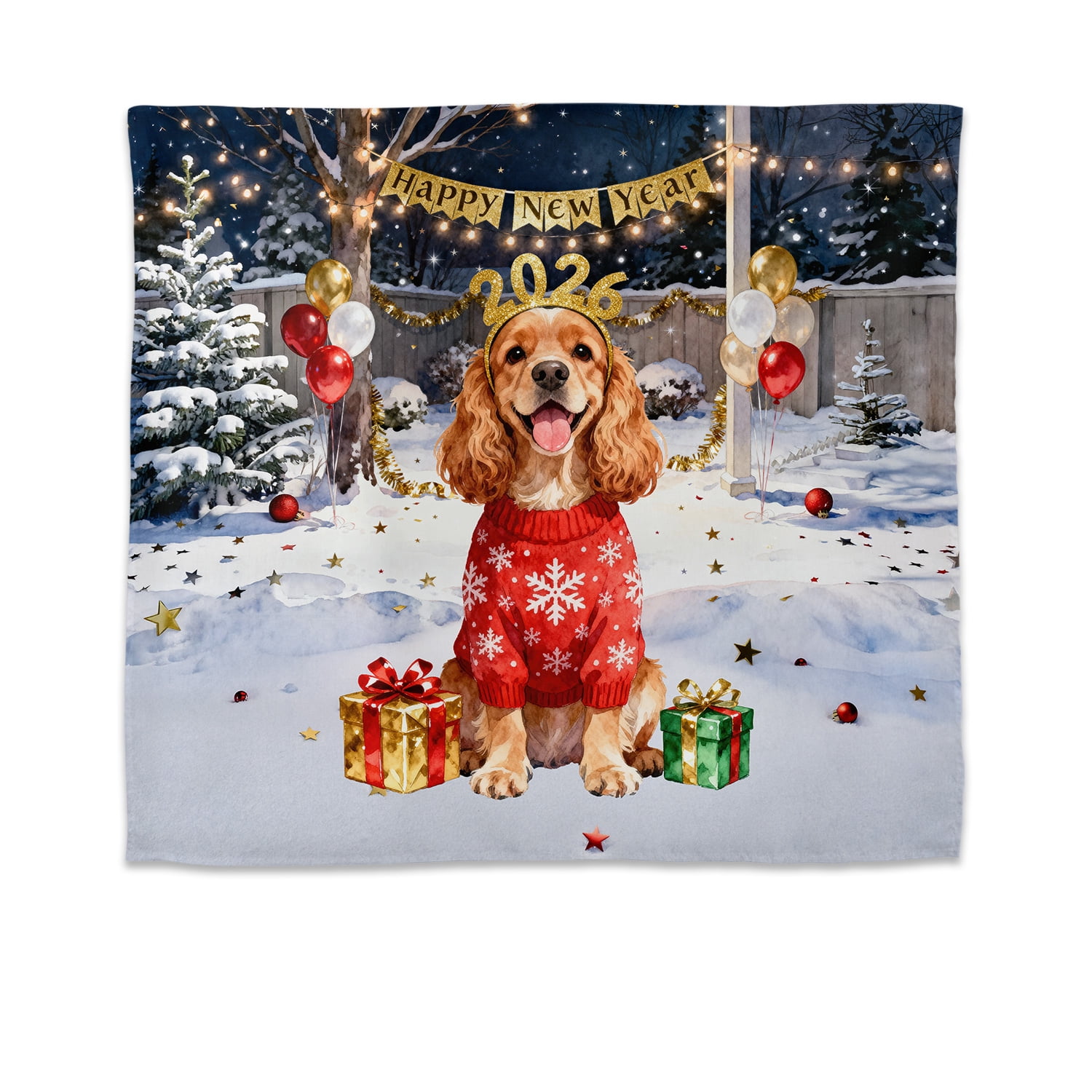 Happy New Year 2026 Cocker Spaniel Holiday Balloons Party Snow Tapestry ...