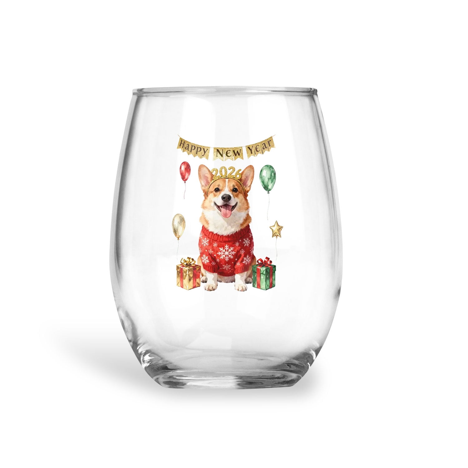 Happy New Year 2026 Corgi Holiday Balloons Party Snow 15oz Stemless ...