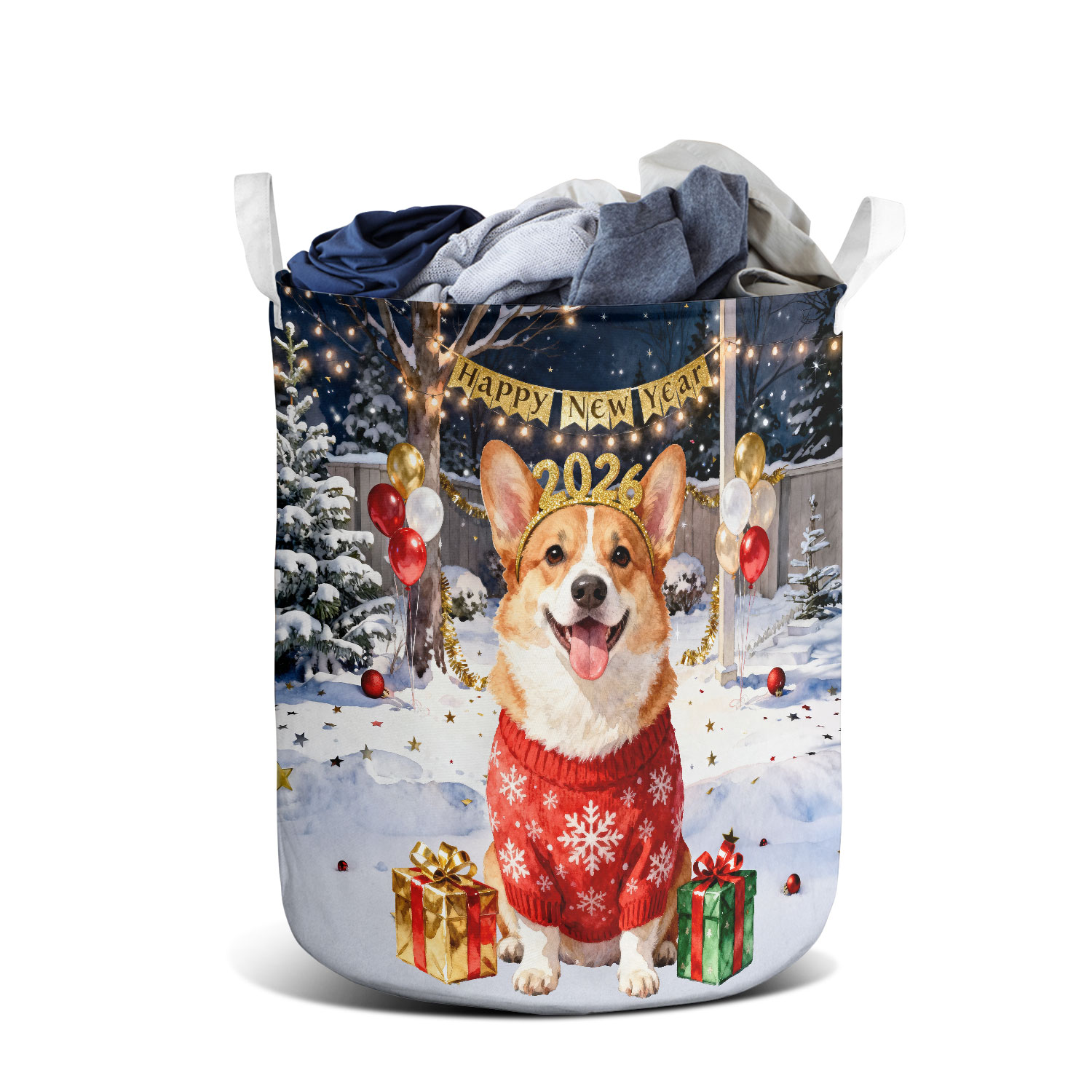 Happy New Year 2026 Corgi Holiday Balloons Party Snow Foldable Laundry ...