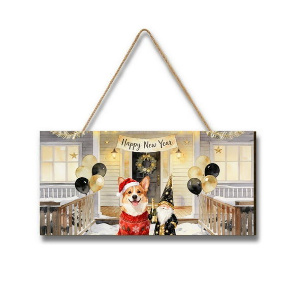 Happy New Year 2026 Corgi Santa Gnome Holiday Party Snow Landscape Wood ...