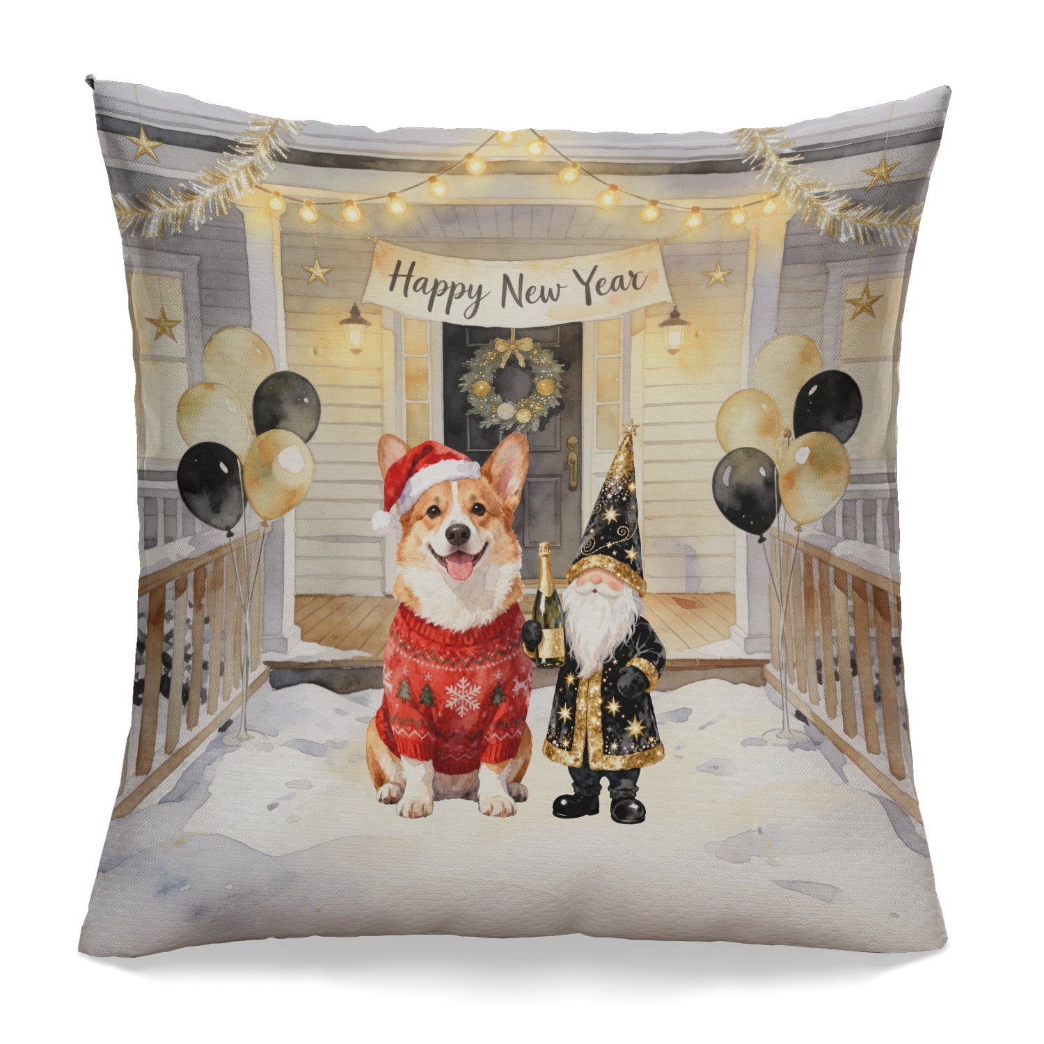 Happy New Year 2026 Corgi Santa Gnome Holiday Party Snow Pillowcase ...