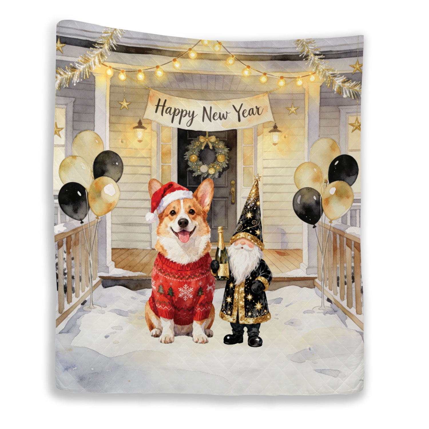 Happy New Year 2026 Corgi Santa Gnome Holiday Party Snow Quilt Blanket ...