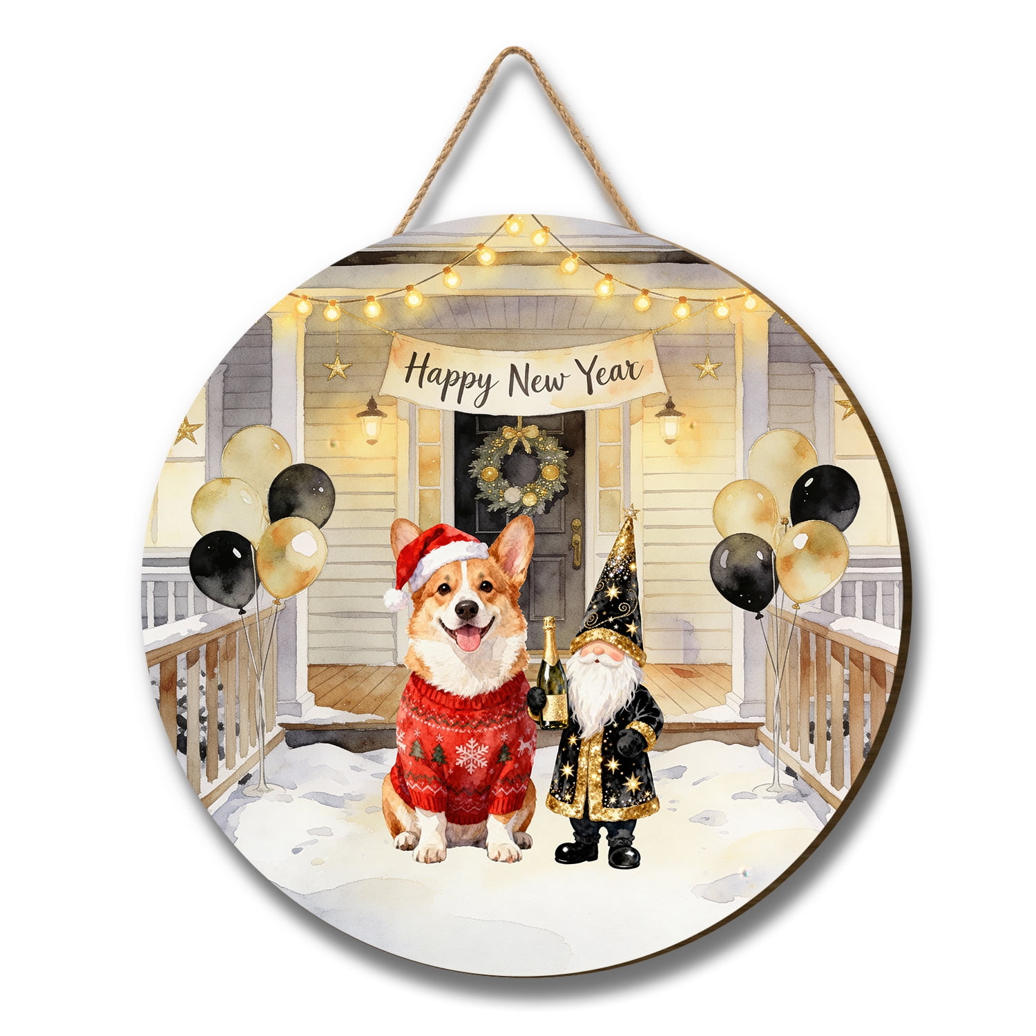 Happy New Year 2026 Corgi Santa Gnome Holiday Party Snow Round Wood ...