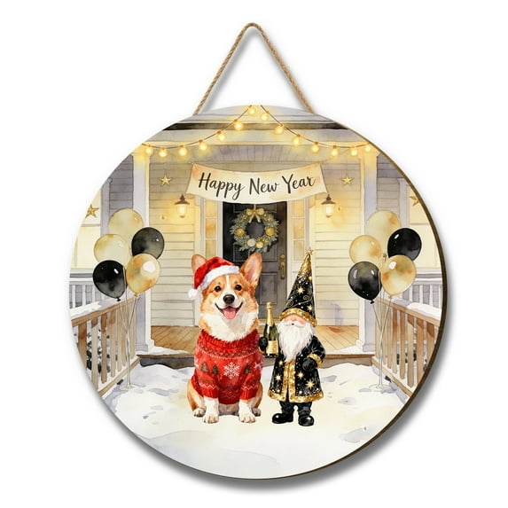 Happy New Year 2026 Corgi Santa Gnome Holiday Party Snow Round Wood ...