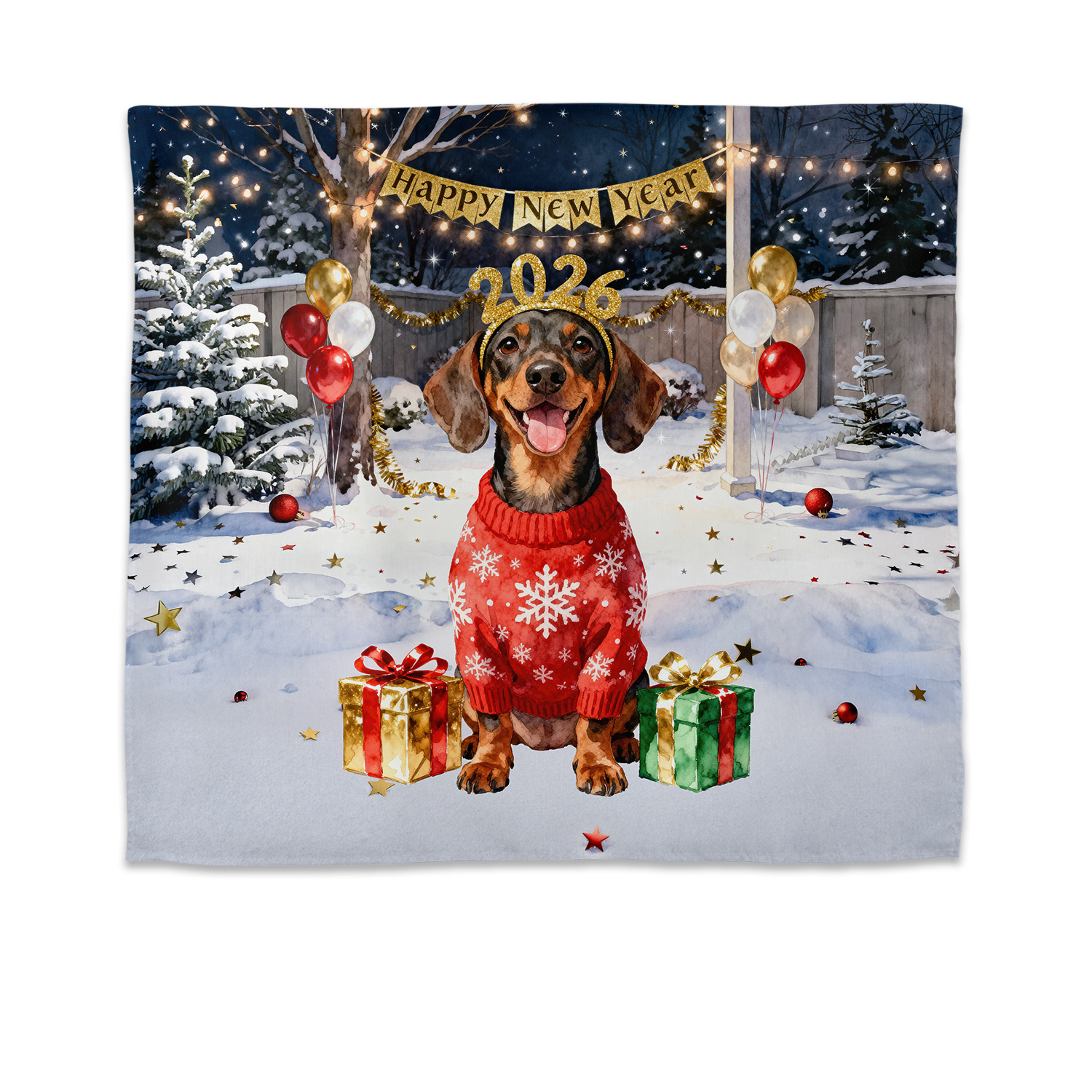 Happy New Year 2026 Dachshund Holiday Balloons Party Snow Tapestry ...