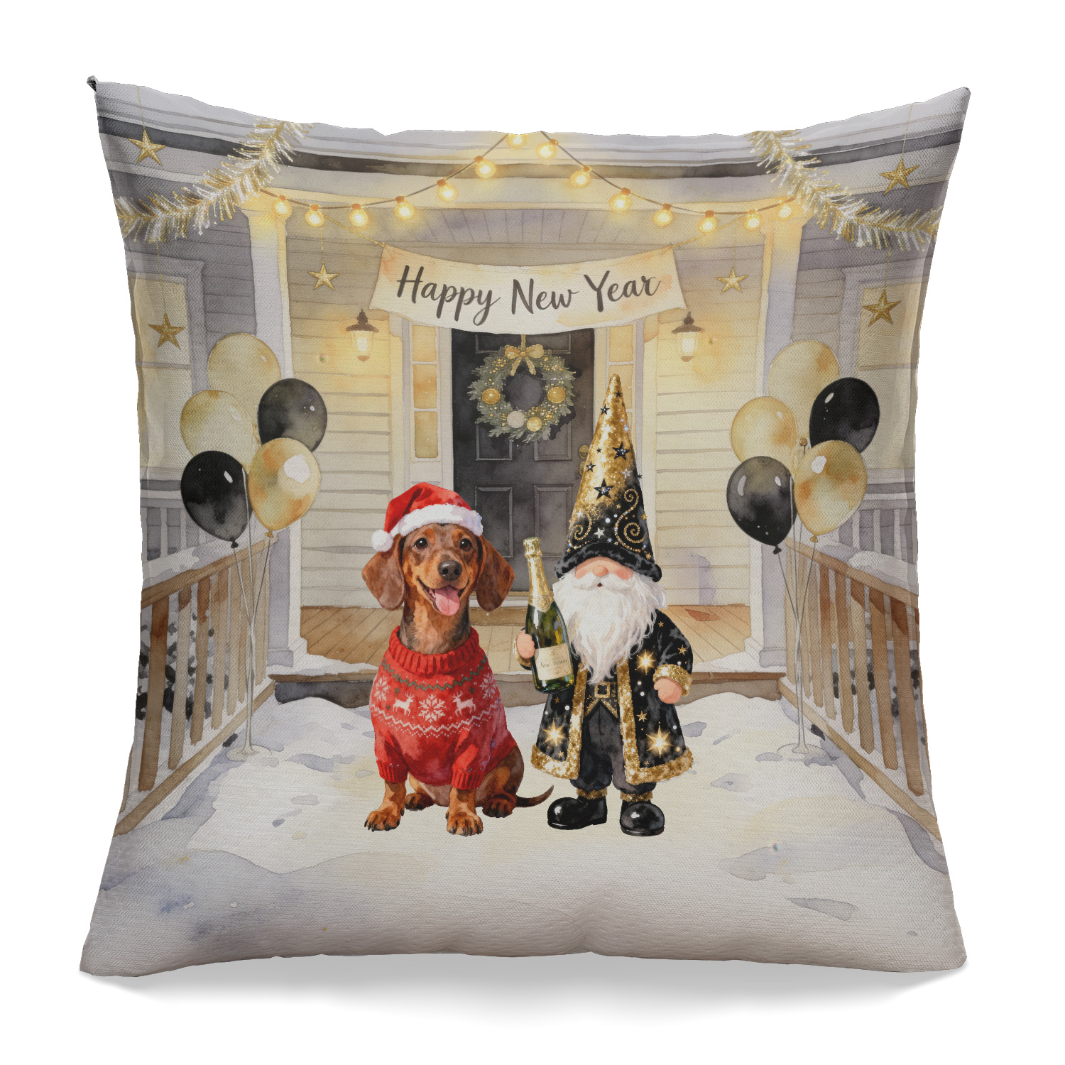 Happy New Year 2026 Dachshund Santa Gnome Holiday Party Snow Pillowcase ...
