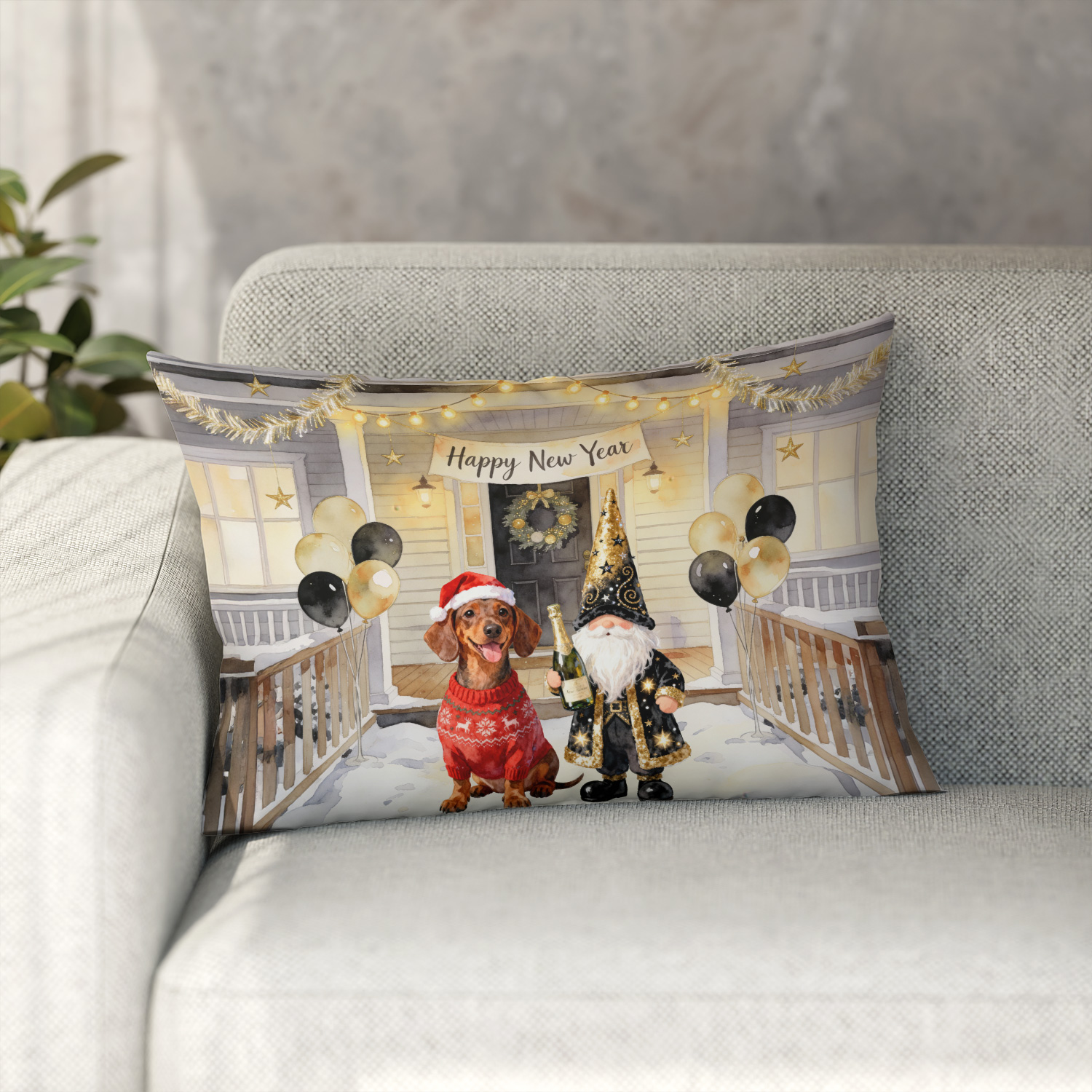 Happy New Year 2026 Dachshund Santa Gnome Holiday Party Snow Pillowcase ...