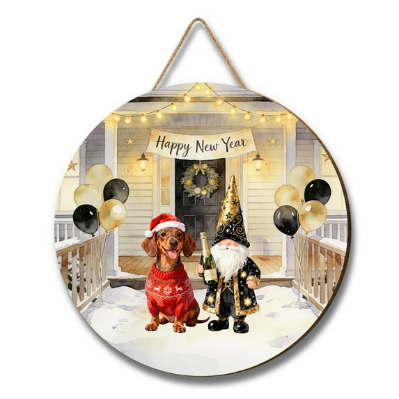 Happy New Year 2026 Dachshund Santa Gnome Holiday Party Snow Round Wood ...
