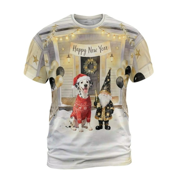 Happy New Year 2026 Dalmatian Santa Gnome Holiday Party Snow All Over ...