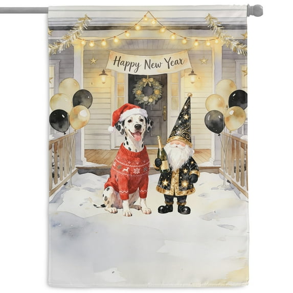 Happy New Year 2026 Dalmatian Santa Gnome Holiday Party Snow House Flag ...