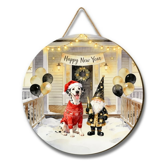 Happy New Year 2026 Dalmatian Santa Gnome Holiday Party Snow Round Wood ...