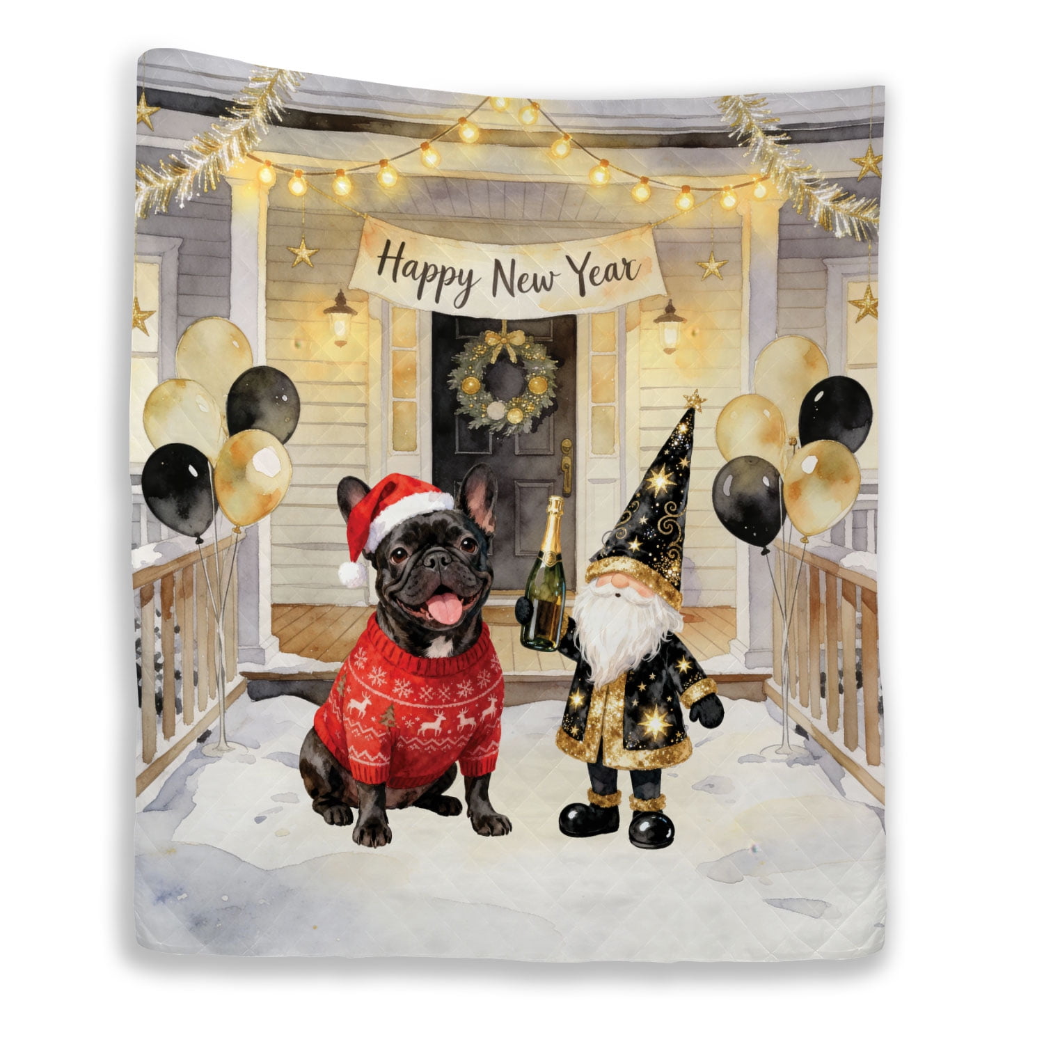 Happy New Year 2026 French Bulldog Santa Gnome Holiday Party Snow Quilt ...
