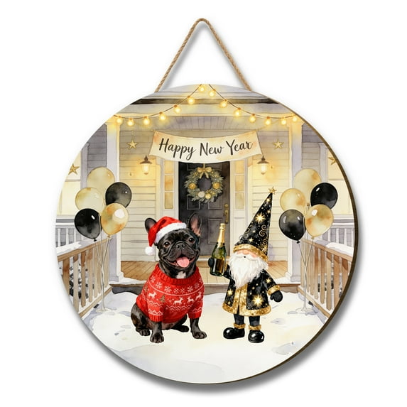 Happy New Year 2026 French Bulldog Santa Gnome Holiday Party Snow Round ...