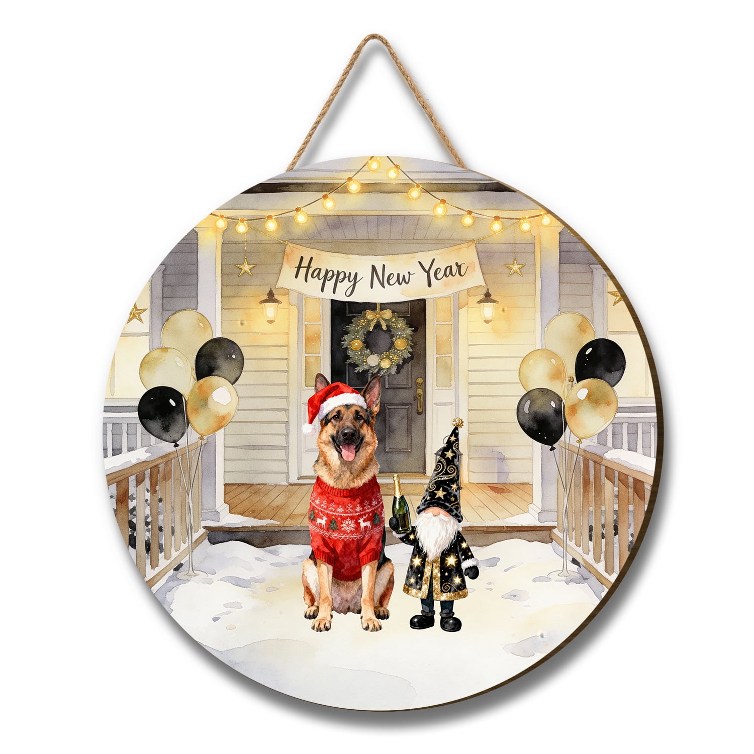 Happy New Year 2026 German Shepherd Santa Gnome Holiday Party Snow ...