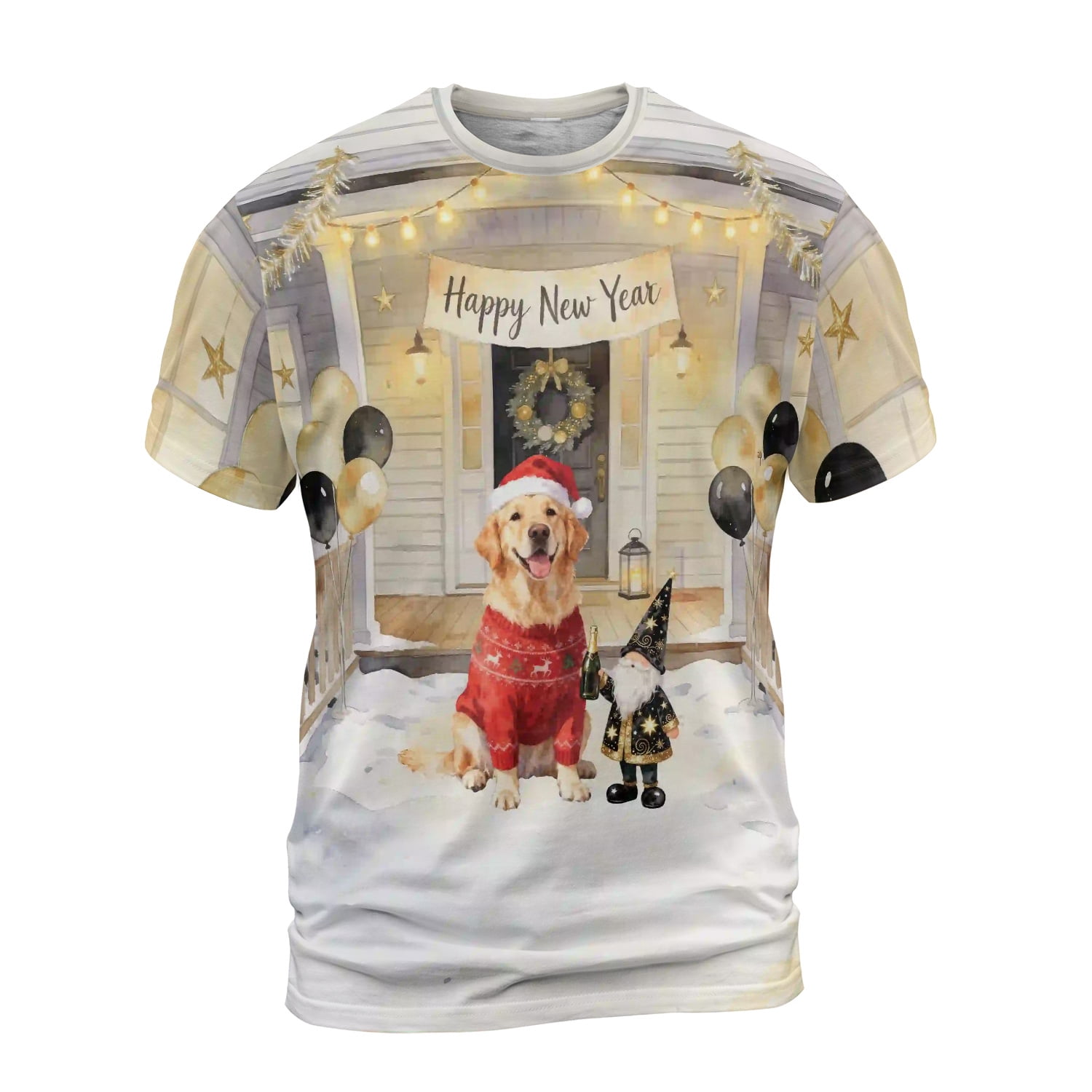 Happy New Year 2026 Golden Retriever Santa Gnome Holiday Party Snow All ...