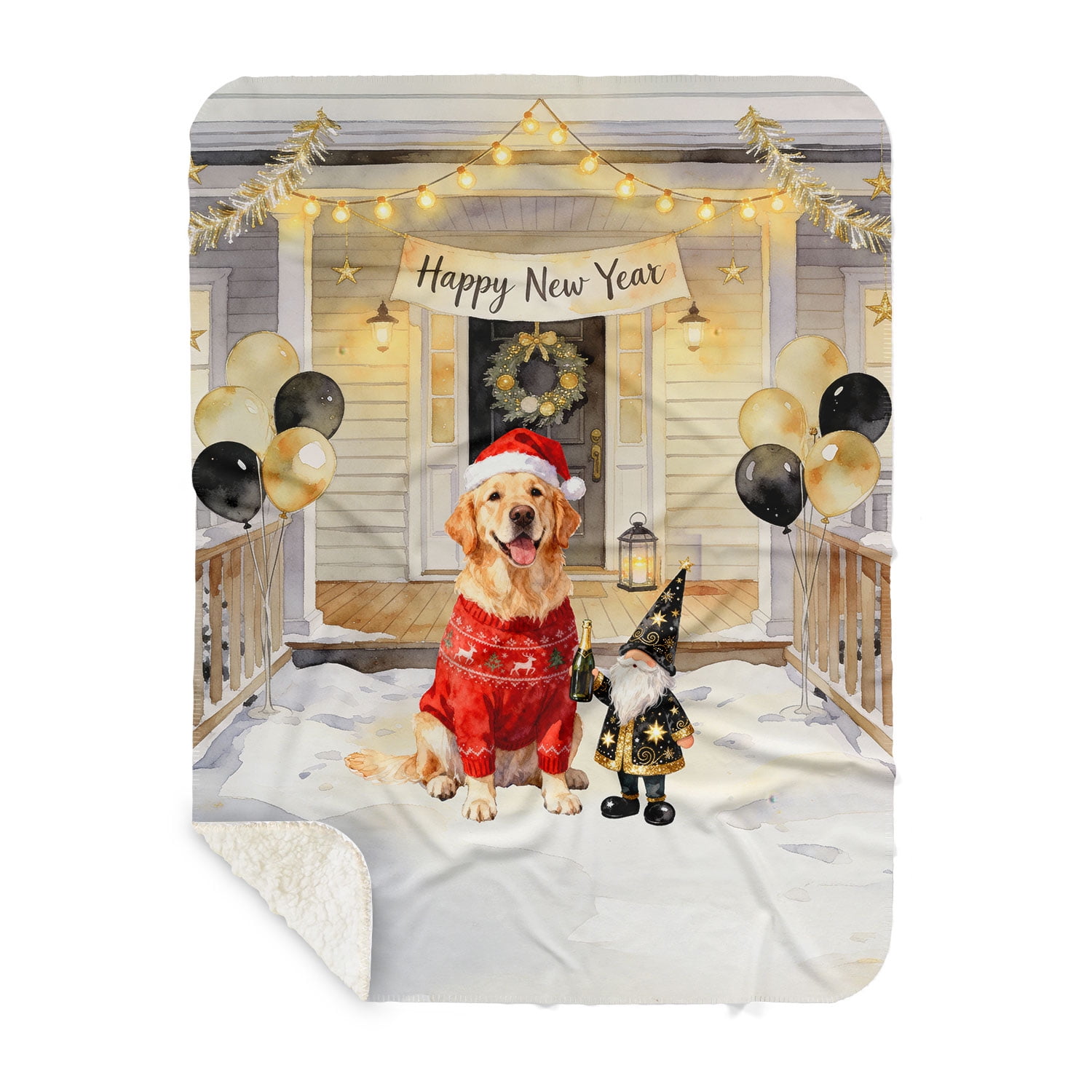 Happy New Year 2026 Golden Retriever Santa Gnome Holiday Party Snow ...