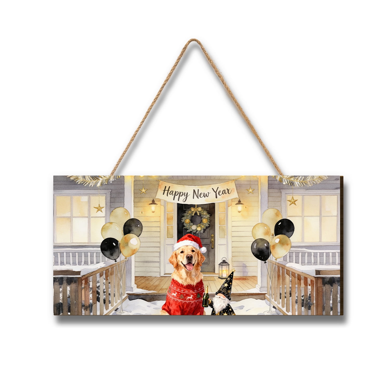 Happy New Year 2026 Golden Retriever Santa Gnome Holiday Party Snow ...