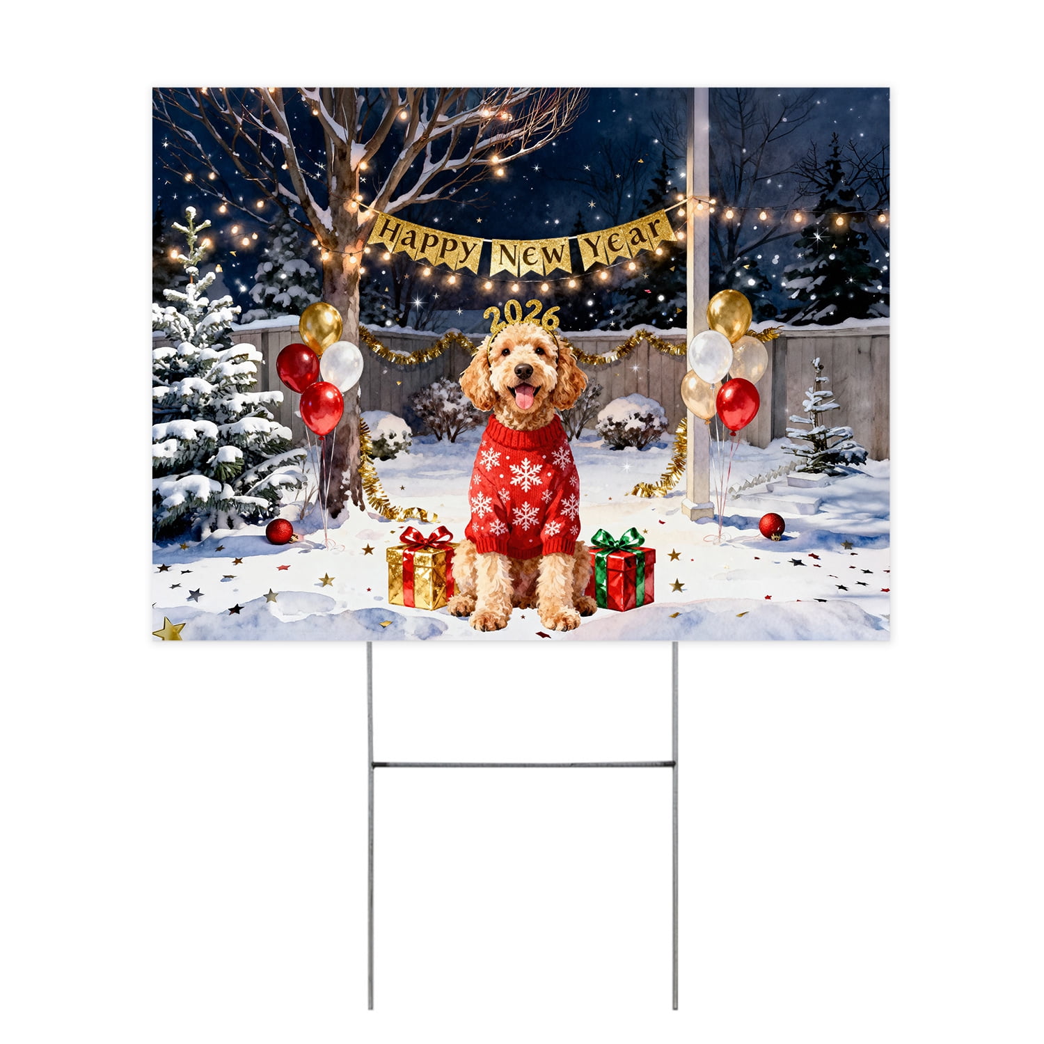 Happy New Year 2026 Goldendoodle Holiday Balloons Party Snow Yard Sign ...