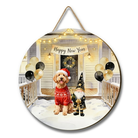 Happy New Year 2026 Goldendoodle Santa Gnome Holiday Party Snow Round ...