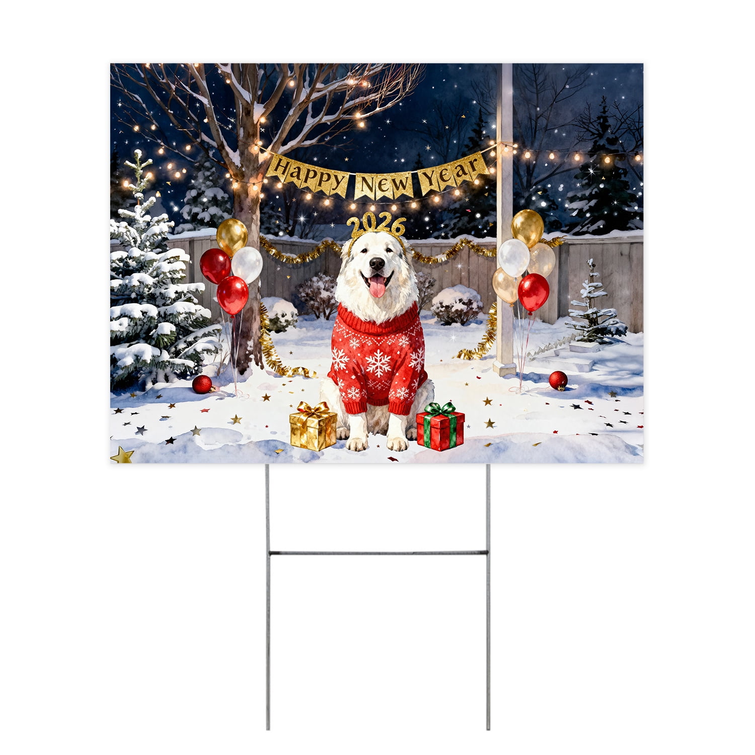 Happy New Year 2026 Great Pyrenees Holiday Balloons Party Snow Yard ...