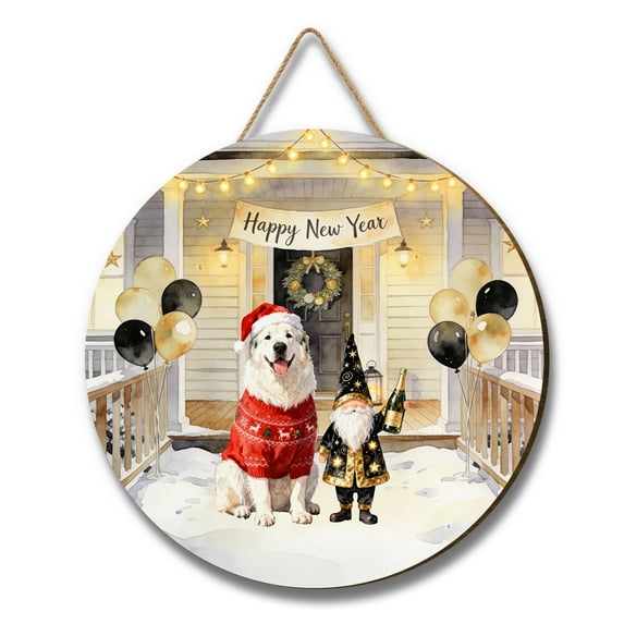 Happy New Year 2026 Great Pyrenees Santa Gnome Holiday Party Snow Round ...