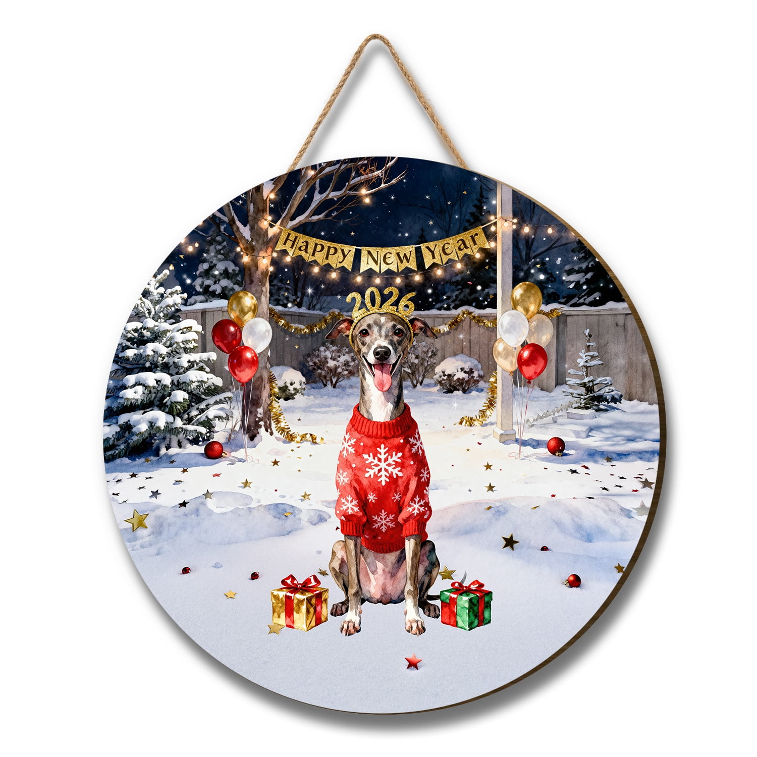 Happy New Year 2026 Italian Greyhound Holiday Balloons Party Snow Round ...