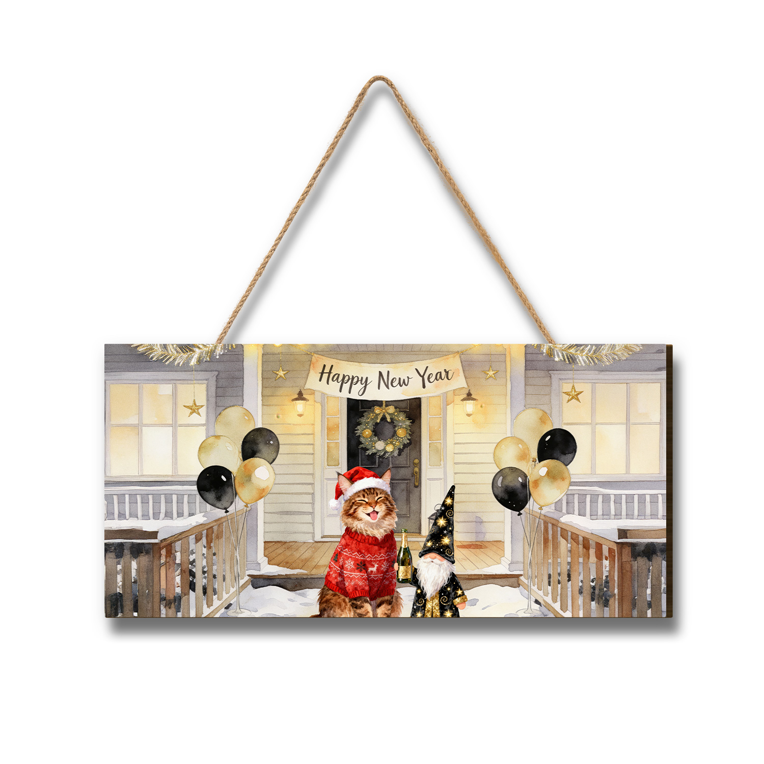 Happy New Year 2026 Maine Coon Santa Gnome Holiday Party Snow Landscape ...