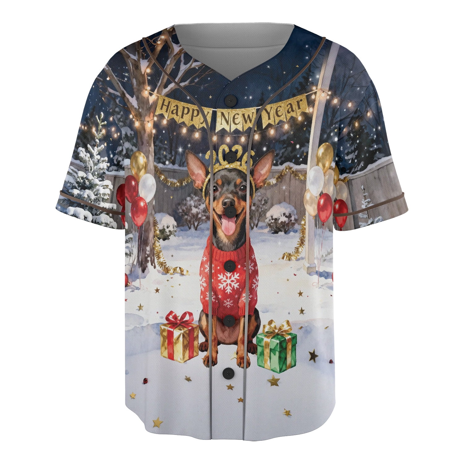 Happy New Year 2026 Miniature Pinscher Holiday Balloons Party Snow All ...