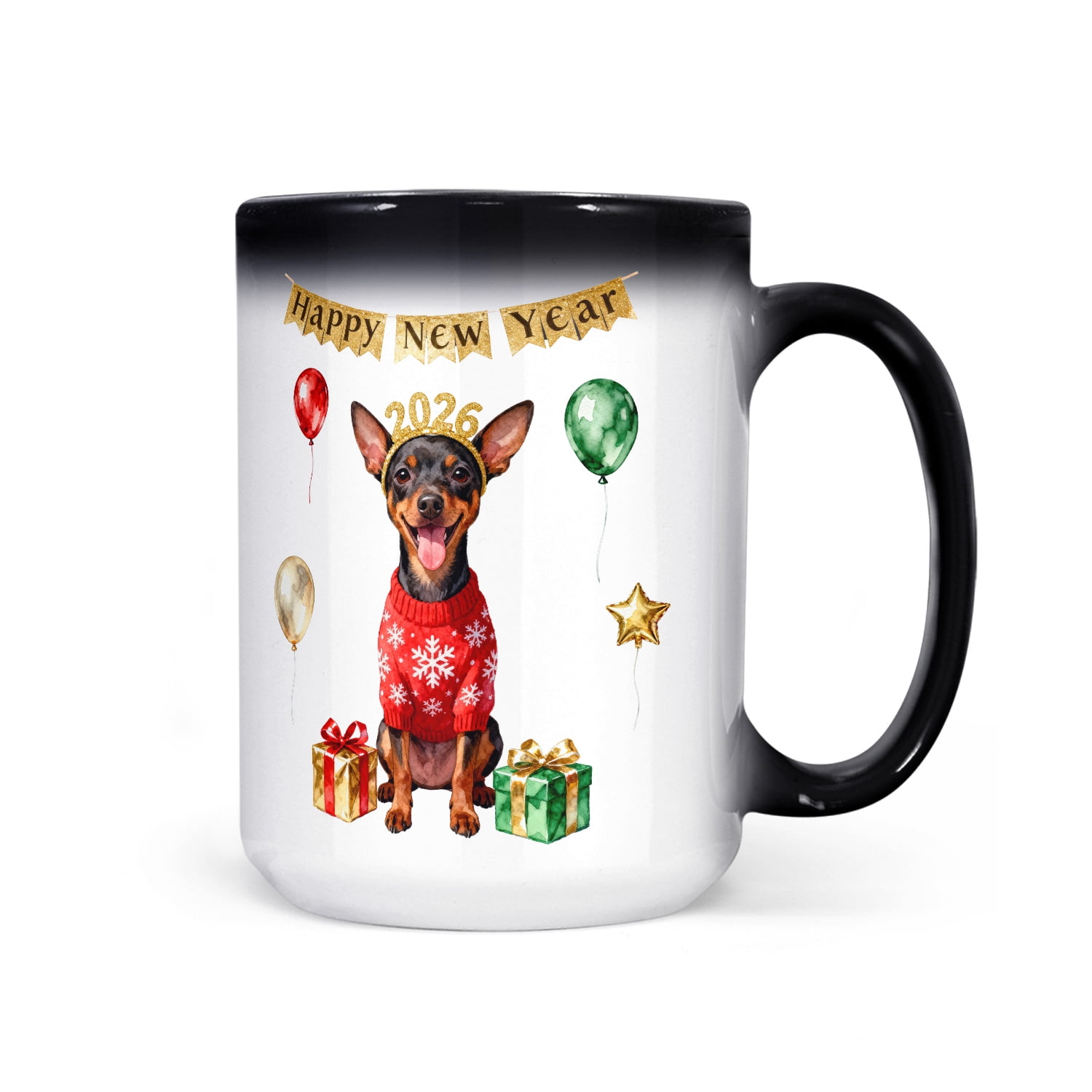Happy New Year 2026 Miniature Pinscher Holiday Balloons Party Snow Heat ...