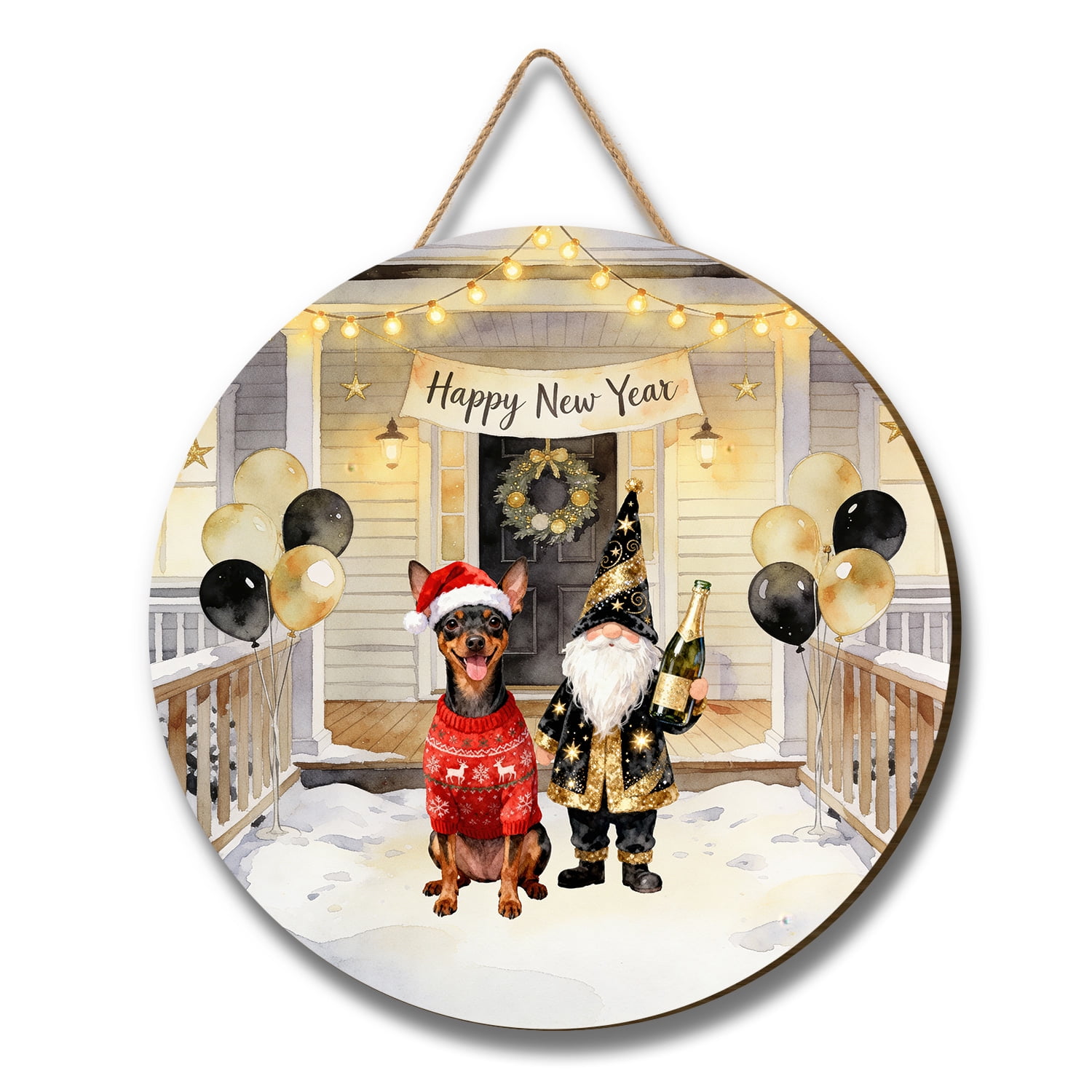 Happy New Year 2026 Miniature Pinscher Santa Gnome Holiday Party Snow ...