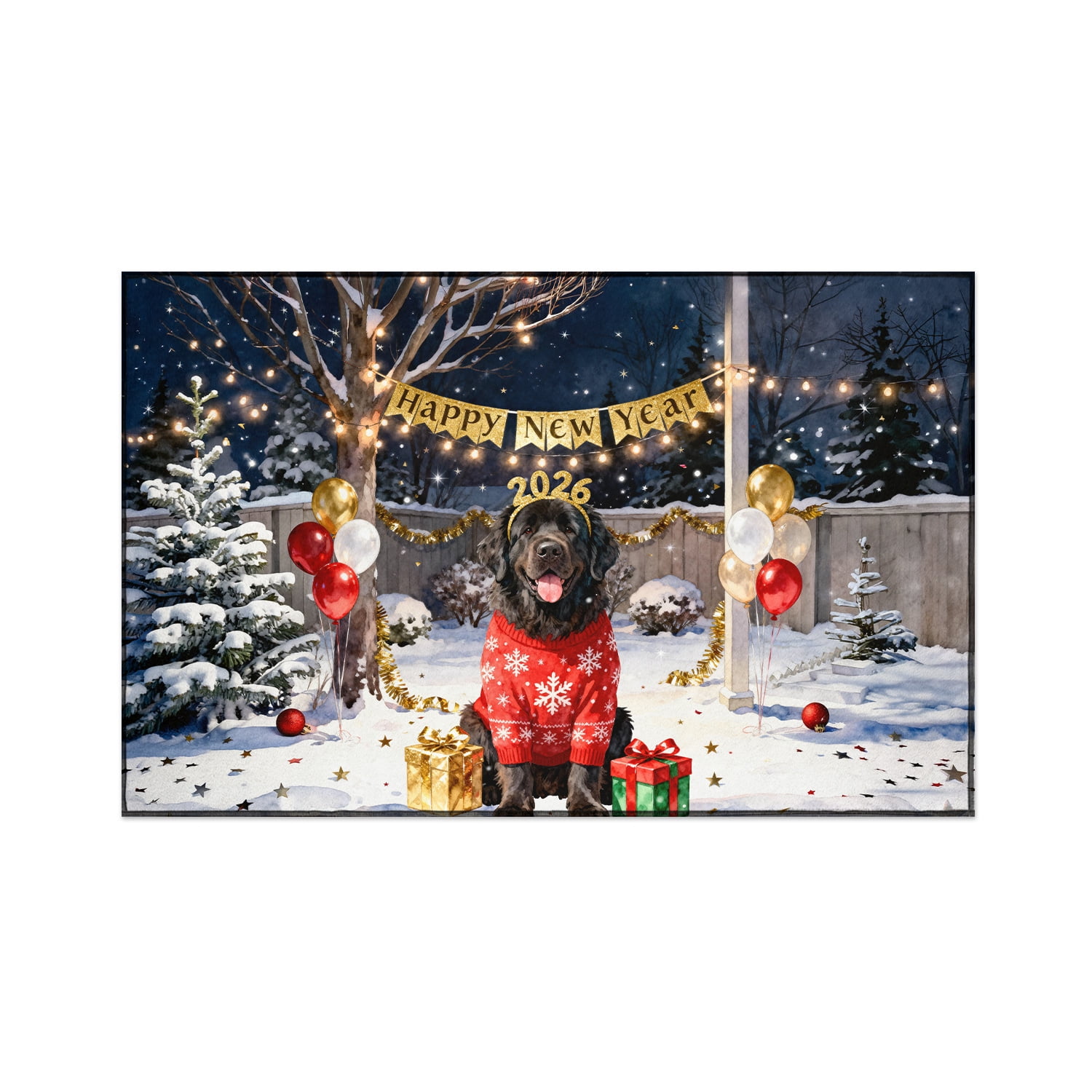 Happy New Year 2026 Newfoundland Holiday Balloons Party Snow Indoor Rug ...