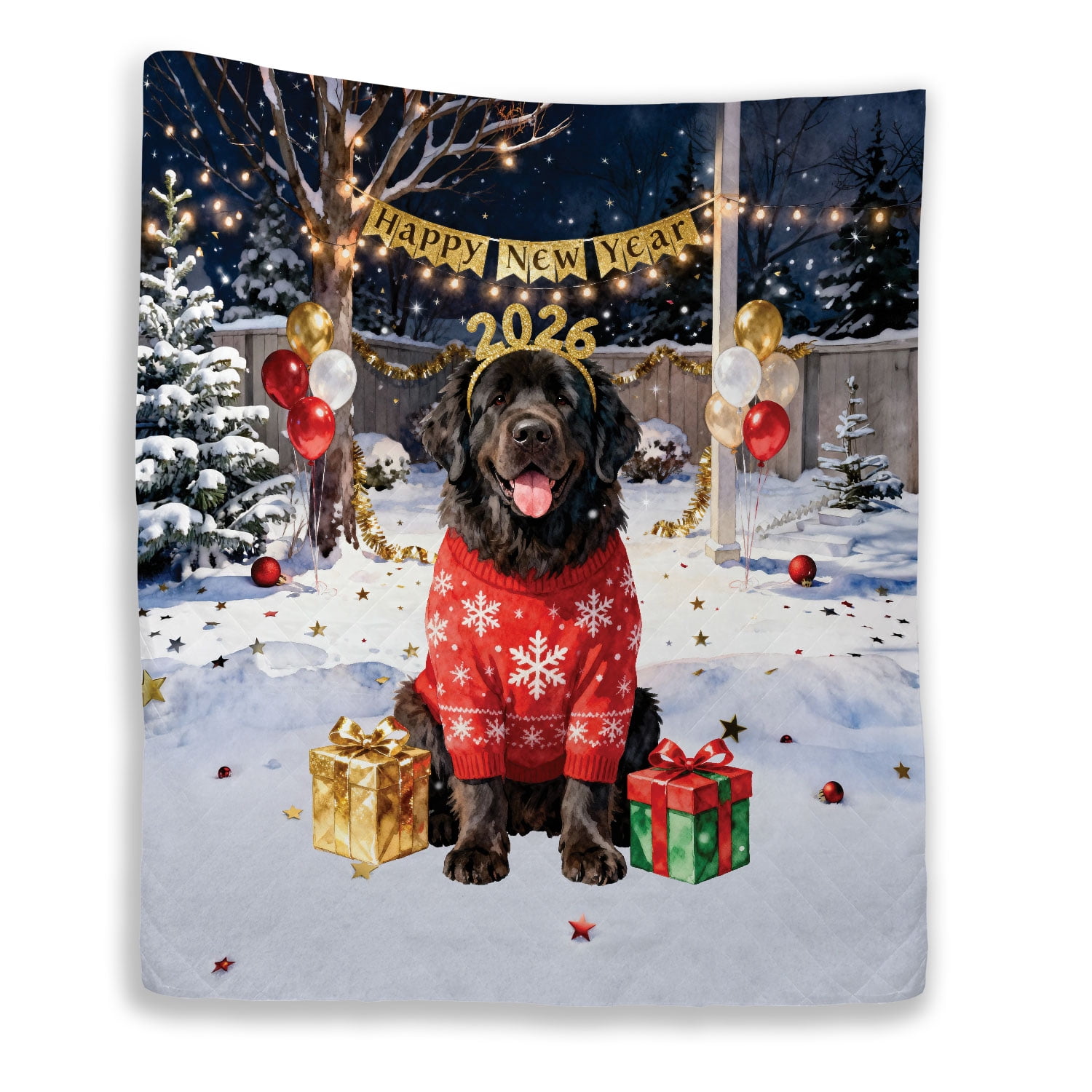Happy New Year 2026 Newfoundland Holiday Balloons Party Snow Quilt ...